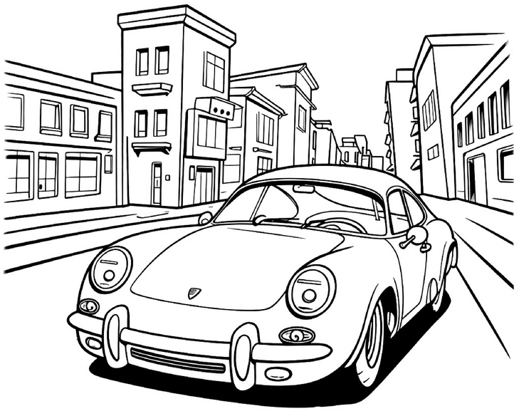 Ausmalbild Auto in Stadtlandschaft mit Gebäuden