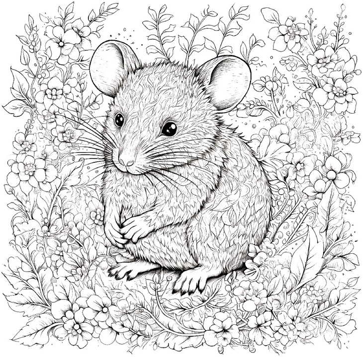 Ausmalbild Maus umgeben von Blumen und Pflanzen
