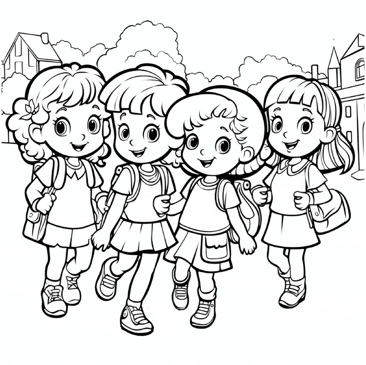 Ausmalbild fröhliche Kinder mit Schulranzen in Stadtlandschaft