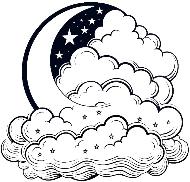 Ausmalbild Mond mit Wolken und funkelnden Sternen