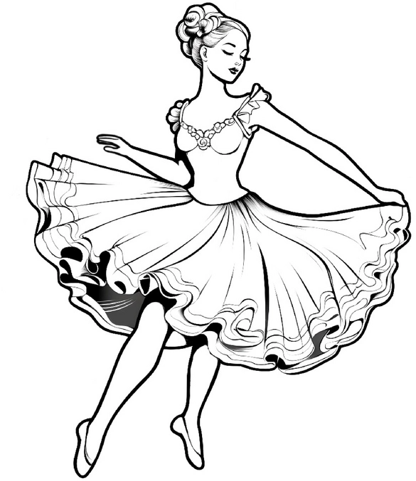Ausmalbild tanzende Ballerina mit elegantem Rock