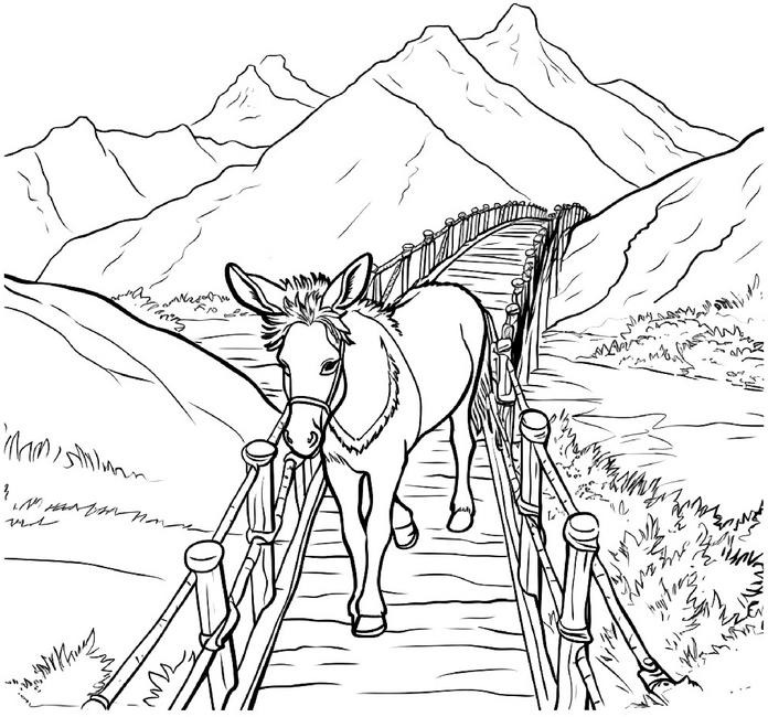 Ausmalbild Esel auf Holzbrücke in bergreicher Landschaft