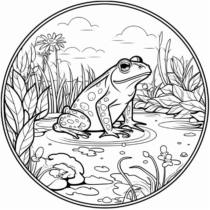 Ausmalbild Frosch am Teich mit Pflanzen und Blumen