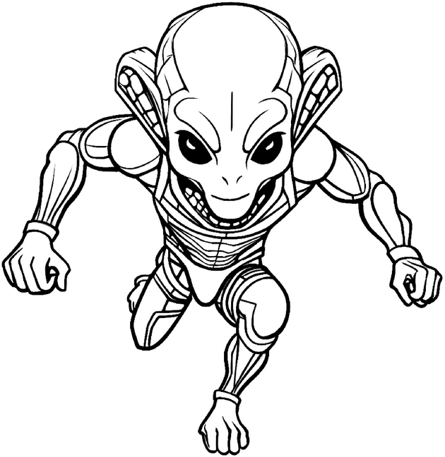 Ausmalbild Alien mit großen Augen in dynamischer Pose