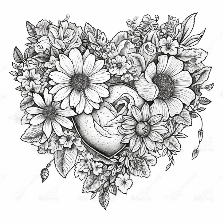 Ausmalbild Herz mit Blumen und Rose im Detail