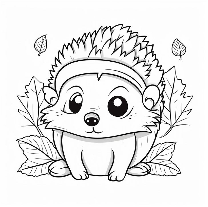 Ausmalbild Igel in herbstlicher Umgebung mit Blättern
