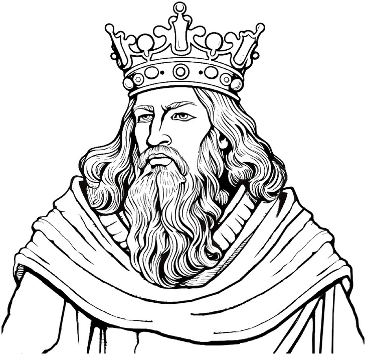 Ausmalbild König mit Krone und langem Bart
