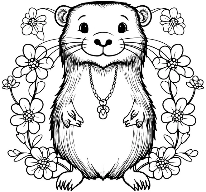Ausmalbild Otter mit Blumenrahmen und Kette