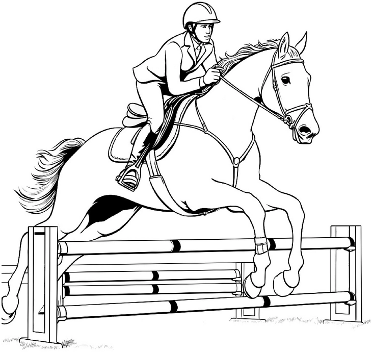 Ausmalbild Reiter auf Pferd beim Springen über Hindernis