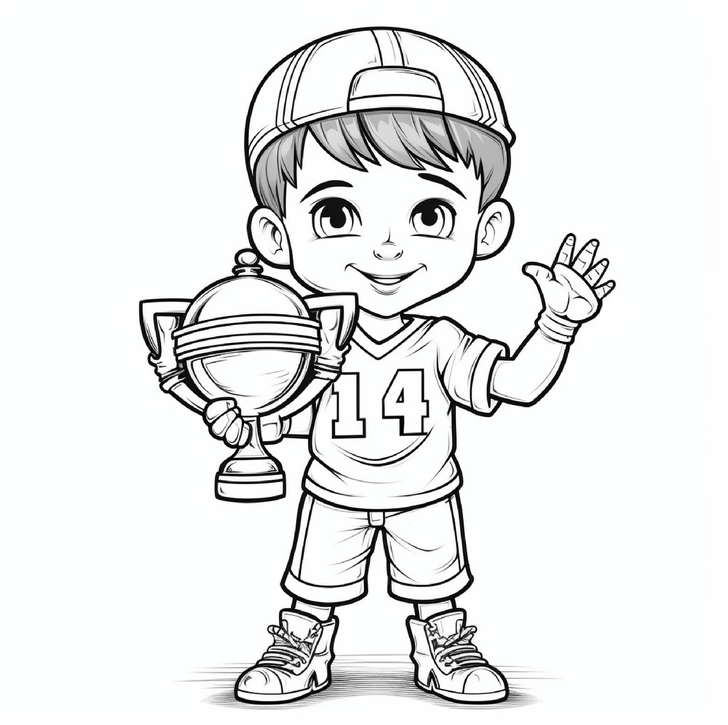 Ausmalbild Sportler mit Pokal und Trikot Nummer 14