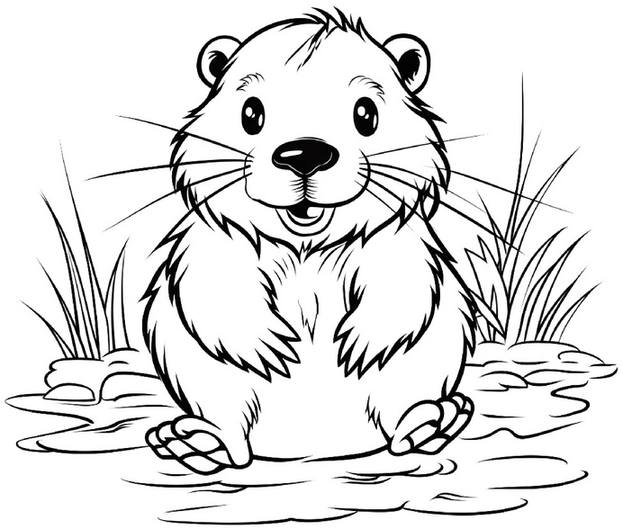 Ausmalbild süßer Biber am Wasser mit Gräsern